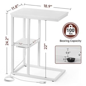 Vagusicc C Shaped End Table with Charging Station, Small Side Tables with USB Ports and Outlets, Snack Sofa Table C Couch Table for Small Spaces, White Bed Side Table for Living Room, Bedroom, Office