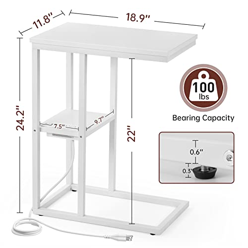 Vagusicc C Shaped End Table with Charging Station, Small Side Tables with USB Ports and Outlets, Snack Sofa Table C Couch Table for Small Spaces, White Bed Side Table for Living Room, Bedroom, Office