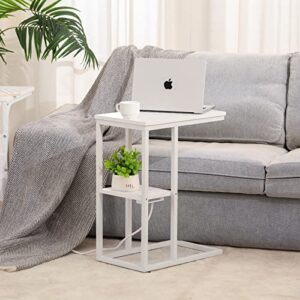 Vagusicc C Shaped End Table with Charging Station, Small Side Tables with USB Ports and Outlets, Snack Sofa Table C Couch Table for Small Spaces, White Bed Side Table for Living Room, Bedroom, Office