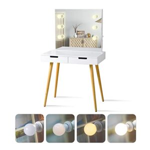 Makeup Vanity Set with 6 LED Lights, Makeup Vanity Desk with 2 Drawers & Large Desktop, 3-Color Adjustable Brightness LED Dressing Table with Cushioned Stool, for Women Girls