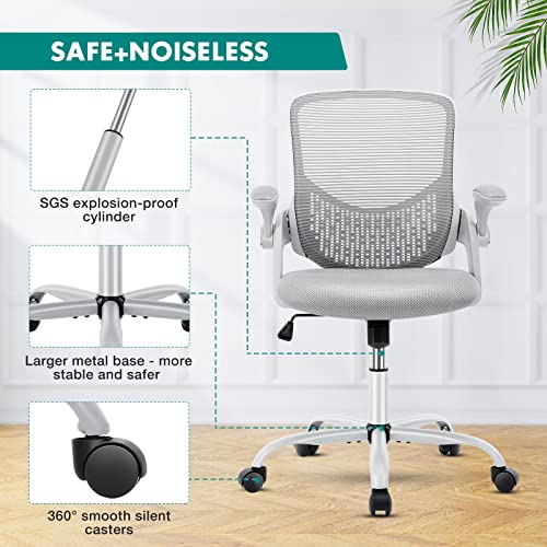 OLIXIS Wheels, Ergonomic Home Office Flip-up Arms and Lumbar Support, Mesh Swivel Rolling Height Adjustable, Tilt and Lock, Computer Desk Chair, Grey