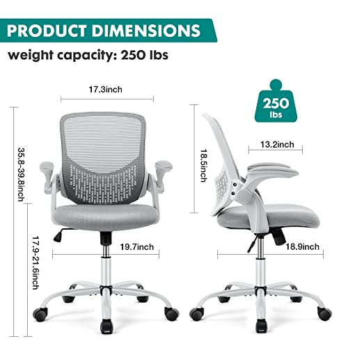 OLIXIS Wheels, Ergonomic Home Office Flip-up Arms and Lumbar Support, Mesh Swivel Rolling Height Adjustable, Tilt and Lock, Computer Desk Chair, Grey