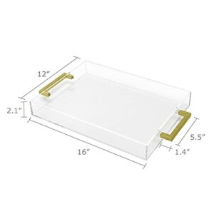 Clear Acrylic Serving Tray, 12x16 inches, Spill-Proof, Stackable Organizer, Food & Drinks Server, Indoors/Outdoors, Lucite Storage (Gold)