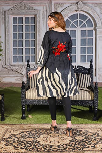 IshDeena Cotton Kurtis for Women: Festive, Indian Style, Plus Size Printed Calf-Length Kurti - Good for Travel & Gatherings (X-Large/Black)