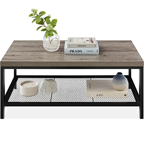 Best Choice Products 44in Modern Coffee Table, Large 2-Tier Industrial Rectangular Wood Grain Top Coffee Table, Accent Furniture for Living Room w/Mesh Shelf, Metal Frame - Gray