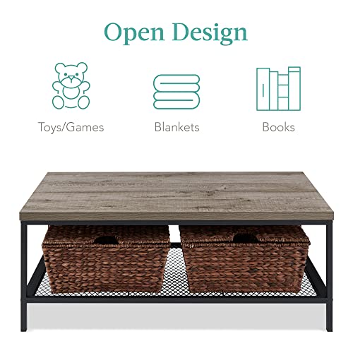 Best Choice Products 44in Modern Coffee Table, Large 2-Tier Industrial Rectangular Wood Grain Top Coffee Table, Accent Furniture for Living Room w/Mesh Shelf, Metal Frame - Gray