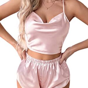 LYANER Women's Silky Satin Pajamas Set Cami Crop Top with Shorts Lingerie Sleepwears PJ Set Pink Small