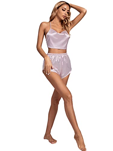 LYANER Women's Silky Satin Pajamas Set Cami Crop Top with Shorts Lingerie Sleepwears PJ Set Pink Small