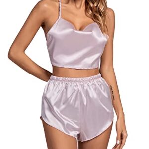 LYANER Women's Silky Satin Pajamas Set Cami Crop Top with Shorts Lingerie Sleepwears PJ Set Pink Small