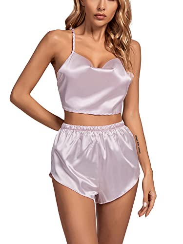 LYANER Women's Silky Satin Pajamas Set Cami Crop Top with Shorts Lingerie Sleepwears PJ Set Pink Small