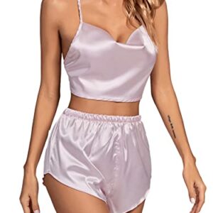 LYANER Women's Silky Satin Pajamas Set Cami Crop Top with Shorts Lingerie Sleepwears PJ Set Pink Small