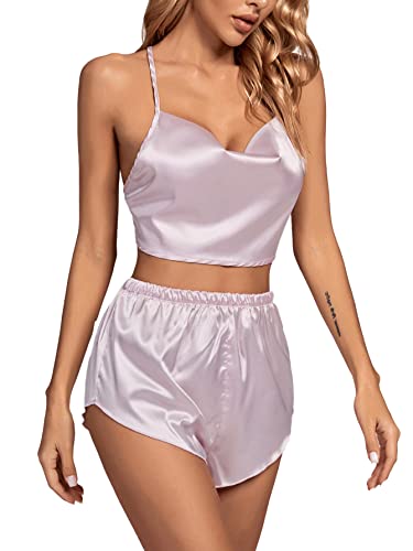 LYANER Women's Silky Satin Pajamas Set Cami Crop Top with Shorts Lingerie Sleepwears PJ Set Pink Small