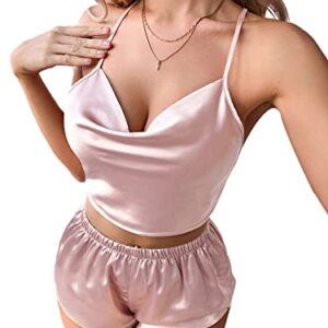 LYANER Women's Silky Satin Pajamas Set Cami Crop Top with Shorts Lingerie Sleepwears PJ Set Pink Small