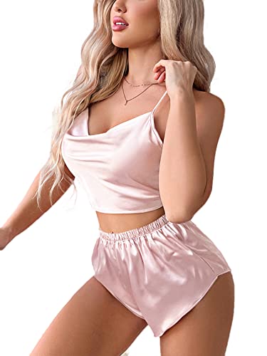 LYANER Women's Silky Satin Pajamas Set Cami Crop Top with Shorts Lingerie Sleepwears PJ Set Pink Small