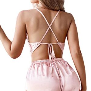 LYANER Women's Silky Satin Pajamas Set Cami Crop Top with Shorts Lingerie Sleepwears PJ Set Pink Small