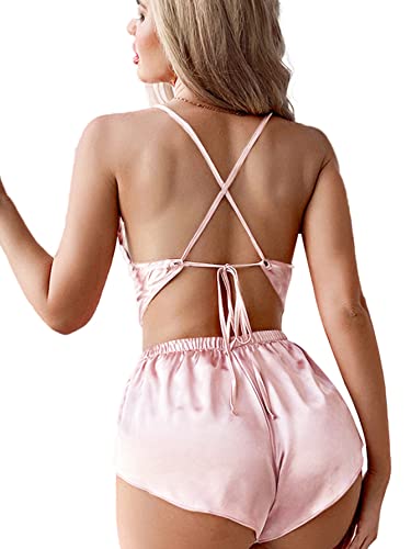 LYANER Women's Silky Satin Pajamas Set Cami Crop Top with Shorts Lingerie Sleepwears PJ Set Pink Small