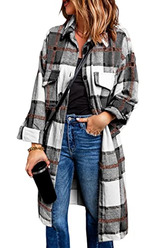 PRETTYGARDEN Women's 2023 Plaid Shacket Jacket Long Sleeve Button Down Shirts Fashion Winter Wool Coats (Black,Small)