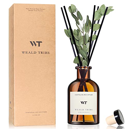 Flower Reed Diffuser Set Eucalyptus & Lavender Scent for Bathroom Accessories Shelf Decor & Air Fresheners, Sticks Defusers with 4.0 fl oz Essential Oils & Leaves, House Bedroom Office Decor & Gifts