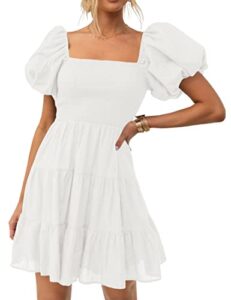 zesica women's 2023 boho summer square neck puff sleeve off shoulder smocked tiered casual a line short mini dress,white,medium