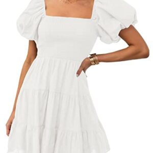 ZESICA Women's 2023 Boho Summer Square Neck Puff Sleeve Off Shoulder Smocked Tiered Casual A Line Short Mini Dress,White,Medium