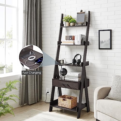 Lovitgo Modern Ladder Shelf, 5 Tiers Industrial Ladder Bookshelf, Comes with Power Outlet and Fast Charging, Wooden Bookcase with Drawers for Living Room, Home Office, Bedroom, Espresso Color