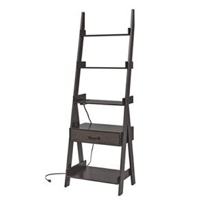 Lovitgo Modern Ladder Shelf, 5 Tiers Industrial Ladder Bookshelf, Comes with Power Outlet and Fast Charging, Wooden Bookcase with Drawers for Living Room, Home Office, Bedroom, Espresso Color