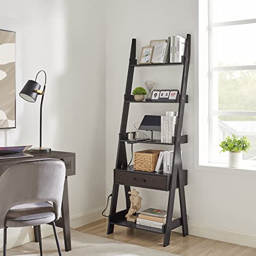 Lovitgo Modern Ladder Shelf, 5 Tiers Industrial Ladder Bookshelf, Comes with Power Outlet and Fast Charging, Wooden Bookcase with Drawers for Living Room, Home Office, Bedroom, Espresso Color