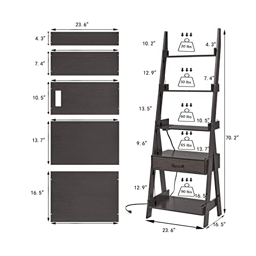 Lovitgo Modern Ladder Shelf, 5 Tiers Industrial Ladder Bookshelf, Comes with Power Outlet and Fast Charging, Wooden Bookcase with Drawers for Living Room, Home Office, Bedroom, Espresso Color