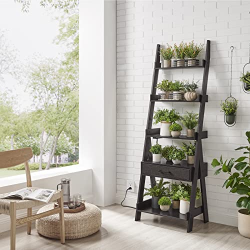 Lovitgo Modern Ladder Shelf, 5 Tiers Industrial Ladder Bookshelf, Comes with Power Outlet and Fast Charging, Wooden Bookcase with Drawers for Living Room, Home Office, Bedroom, Espresso Color