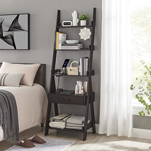 Lovitgo Modern Ladder Shelf, 5 Tiers Industrial Ladder Bookshelf, Comes with Power Outlet and Fast Charging, Wooden Bookcase with Drawers for Living Room, Home Office, Bedroom, Espresso Color