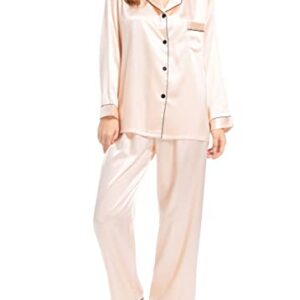 Fivali Womens Silk Satin Pajamas Long Sleeve Pj Set Two-piece Sleepwear Silky Button-down Nightwear Soft Loungewear Sets, L Champagne