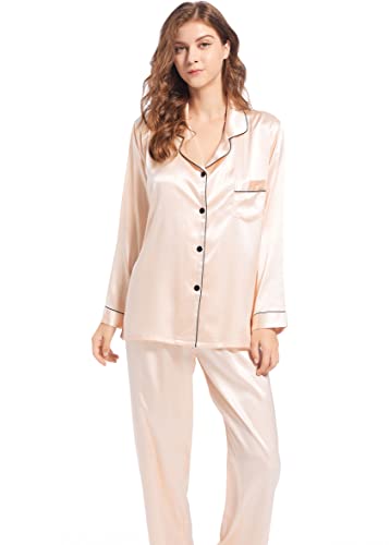 Fivali Womens Silk Satin Pajamas Long Sleeve Pj Set Two-piece Sleepwear Silky Button-down Nightwear Soft Loungewear Sets, L Champagne