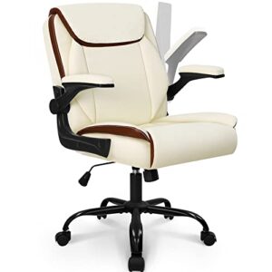 neo chair office chair adjustable desk chair mid back executive desk comfortable pu leather chair ergonomic gaming chair back support home computer desk with flip-up armrest swivel wheels (ivory)