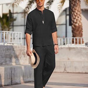 COOFANDY Men's 2 Pieces Linen Set Long Sleeve Henley Shirt and Holiday Beach Pants Casual Yoga Trousers Outfits