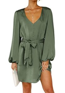 prettygarden women's spring long puff sleeve satin dress v neck cocktail party belted short formal dresses (army green,medium)