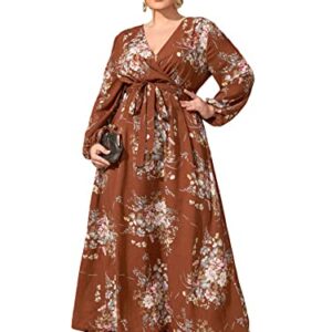 WDIRARA Women's Plus Size Floral Print V Neck Belted Bishop Long Sleeve Dress Brown 3XL