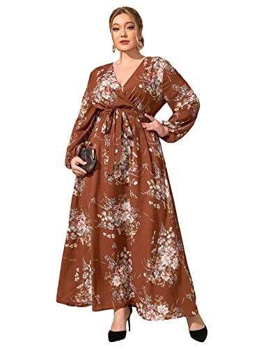 WDIRARA Women's Plus Size Floral Print V Neck Belted Bishop Long Sleeve Dress Brown 3XL