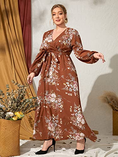 WDIRARA Women's Plus Size Floral Print V Neck Belted Bishop Long Sleeve Dress Brown 3XL