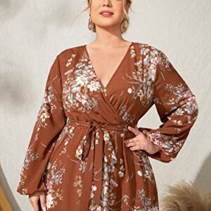 WDIRARA Women's Plus Size Floral Print V Neck Belted Bishop Long Sleeve Dress Brown 3XL