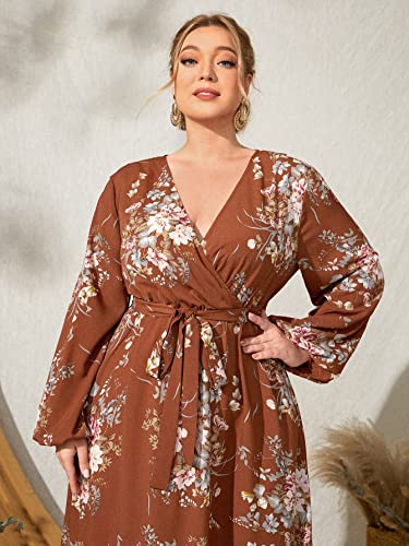 WDIRARA Women's Plus Size Floral Print V Neck Belted Bishop Long Sleeve Dress Brown 3XL