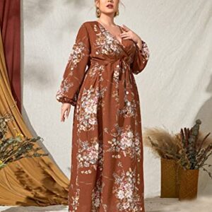 WDIRARA Women's Plus Size Floral Print V Neck Belted Bishop Long Sleeve Dress Brown 3XL