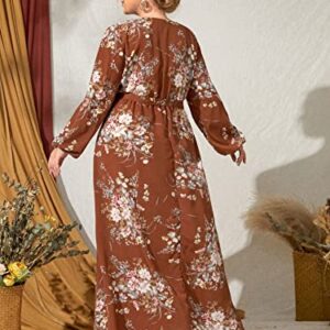 WDIRARA Women's Plus Size Floral Print V Neck Belted Bishop Long Sleeve Dress Brown 3XL