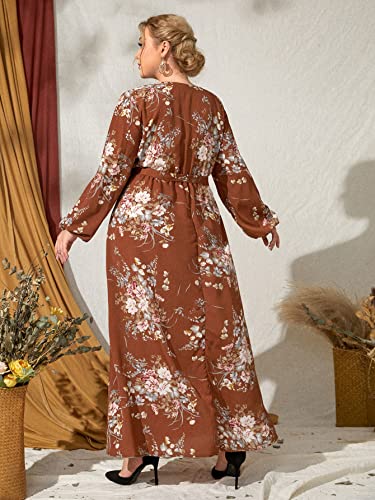 WDIRARA Women's Plus Size Floral Print V Neck Belted Bishop Long Sleeve Dress Brown 3XL