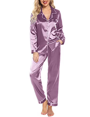 Senert Womens Silk Satin Pajamas Loungewear Two-piece Sleepwear Button-Down Pj Set Violet,X-Large