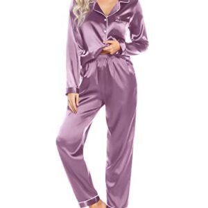 Senert Womens Silk Satin Pajamas Loungewear Two-piece Sleepwear Button-Down Pj Set Violet,X-Large