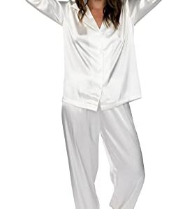 Rmasyea Womens Silk Satin Feather Pajamas Set Party Nightwear Button Down Long Sleeve Pants Loungewear Sleepwear (White, S)