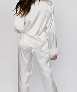 Rmasyea Womens Silk Satin Feather Pajamas Set Party Nightwear Button Down Long Sleeve Pants Loungewear Sleepwear (White, S)