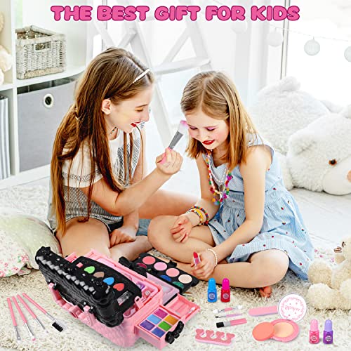 54 Pcs Kids Makeup Kit for Girls, Princess Real Washable Pretend Play Cosmetic Set Toys with Mirror, Non-Toxic & Safe, Birthday Gifts for 3 4 5 6 7 8 9 10 Years Old Girls Kids (Pink)