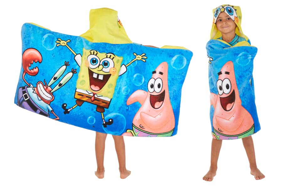 Franco Spongebob Squarepants Kids Bath/Pool/Beach Soft Cotton Terry Hooded Towel Wrap and loofah Set, 24 in x 50 in (Official Nickelodeon Product)