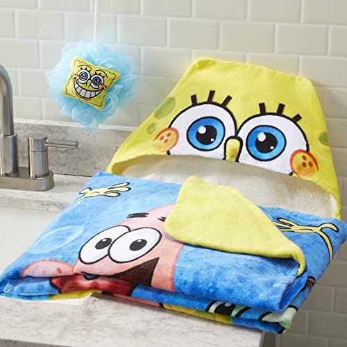 Franco Spongebob Squarepants Kids Bath/Pool/Beach Soft Cotton Terry Hooded Towel Wrap and loofah Set, 24 in x 50 in (Official Nickelodeon Product)